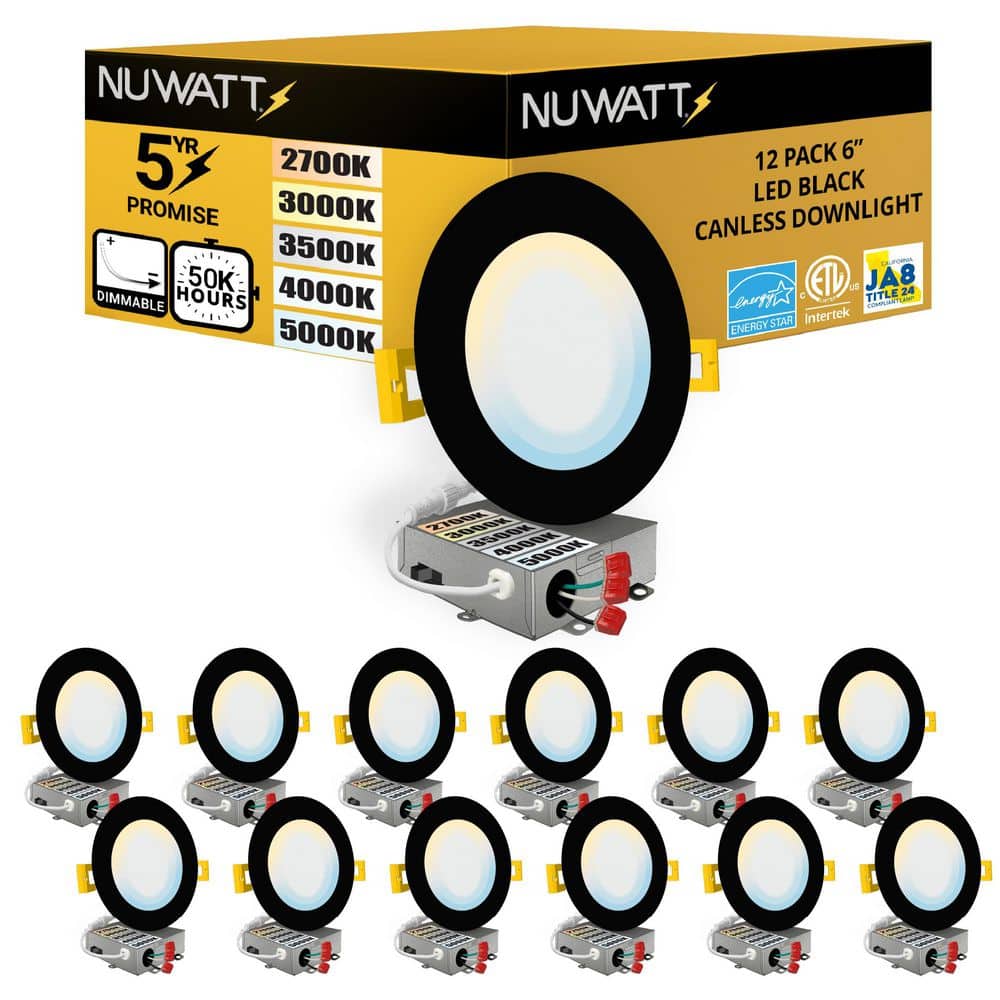 NuWatt 6 in. LED Black Round New Construction IC Rated Slim Canless ...