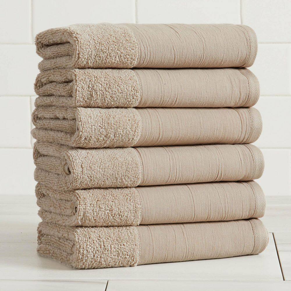 FRESHFOLDS Stone Ultra-Soft Cotton Linen-Like Border 6 Pack Hand Towel ...