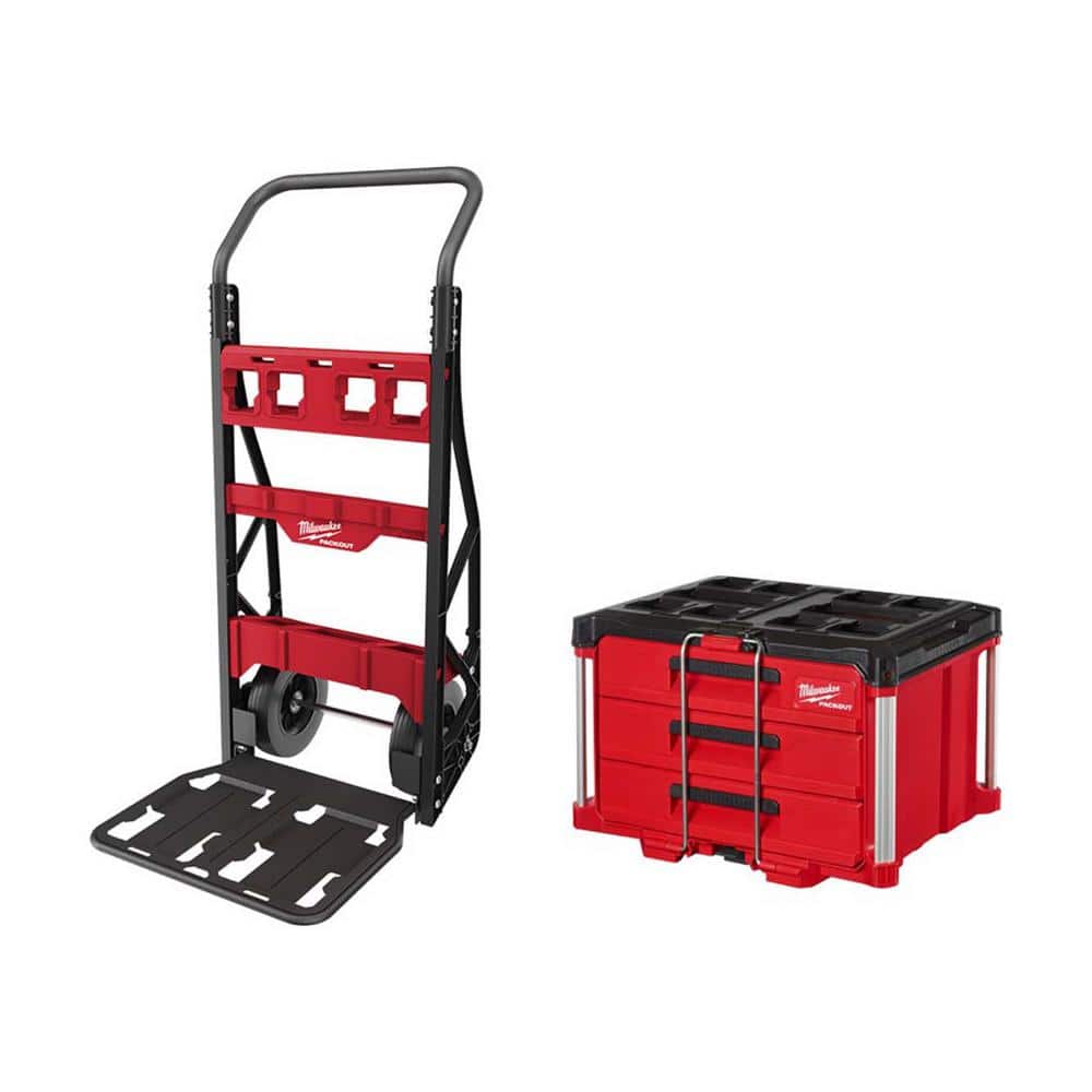 Milwaukee PACKOUT 20 in. 2-Wheel Utility Cart with PACKOUT 3-Drawer ...