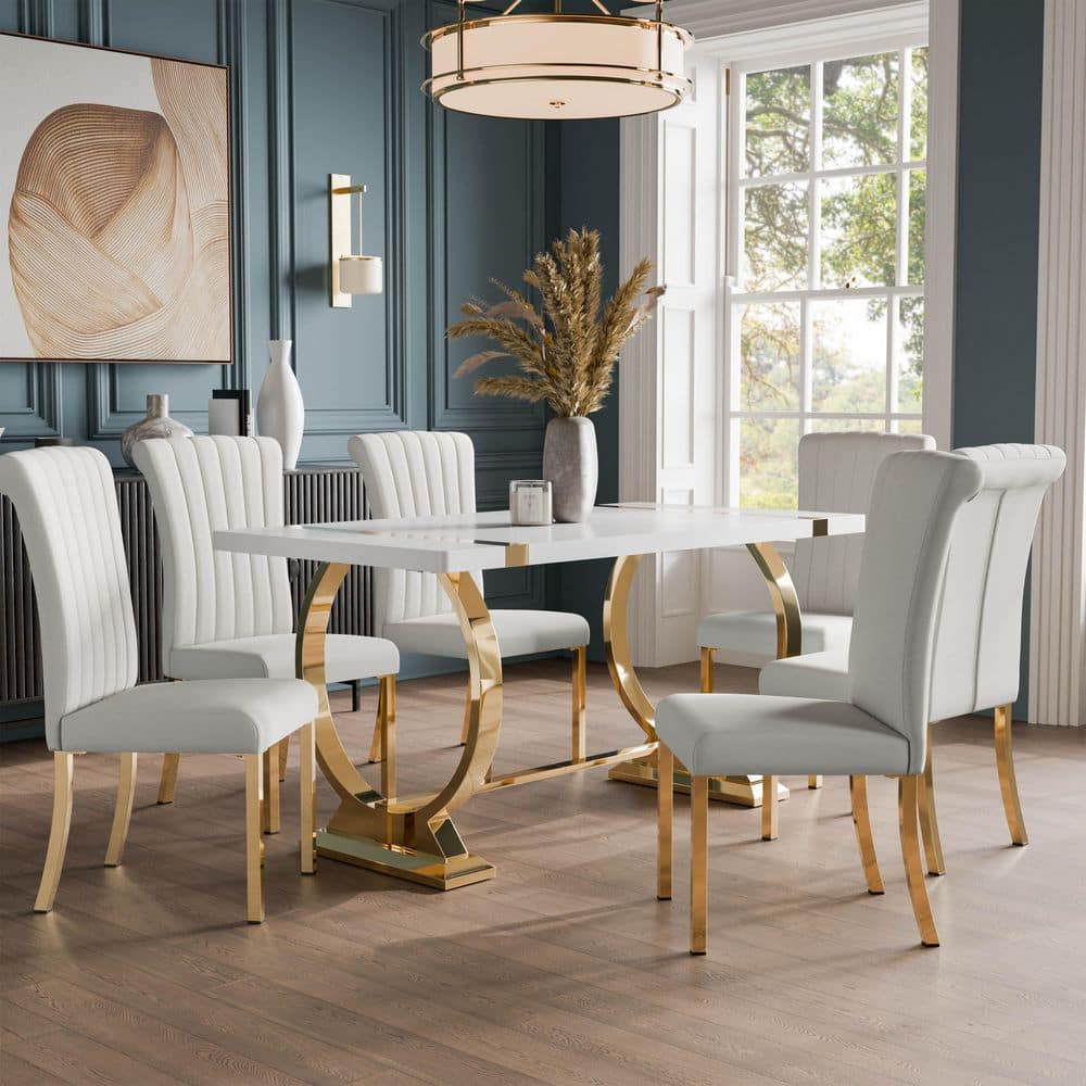 Furniture of America Kehla 7-Piece Rectangle Gold/White Wood Top Dining ...