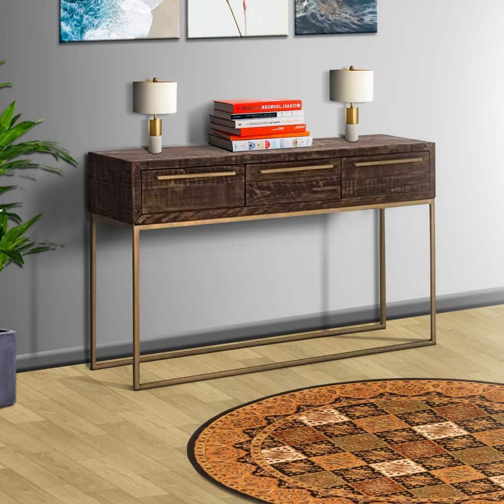 Benjara 14 in. Brown and Gold Rectangle Wooden Console Table with 3 ...