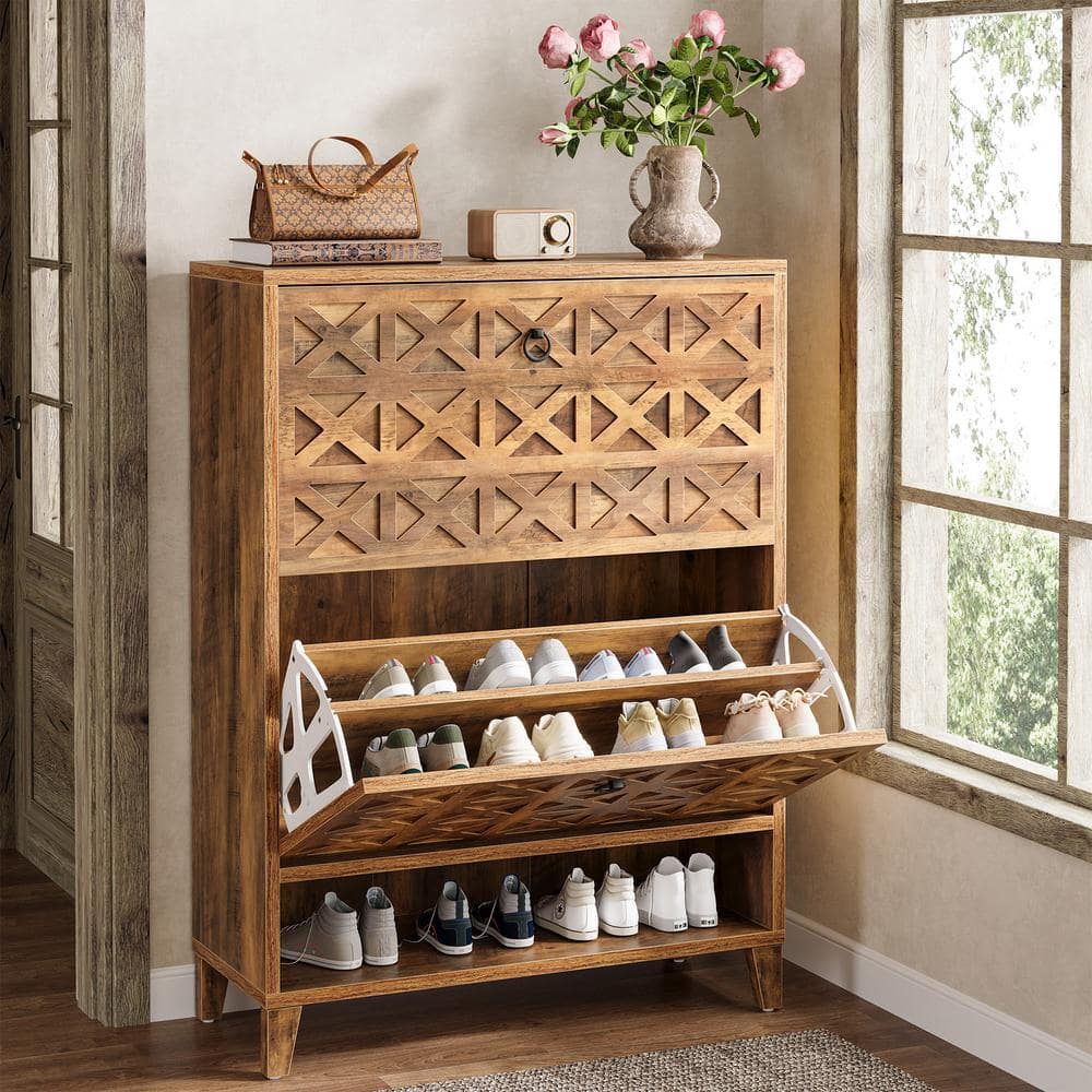 BYBLIGHT 43.3 in. H x 31.5 W Brown Wood Shoe Storage Cabinet ...