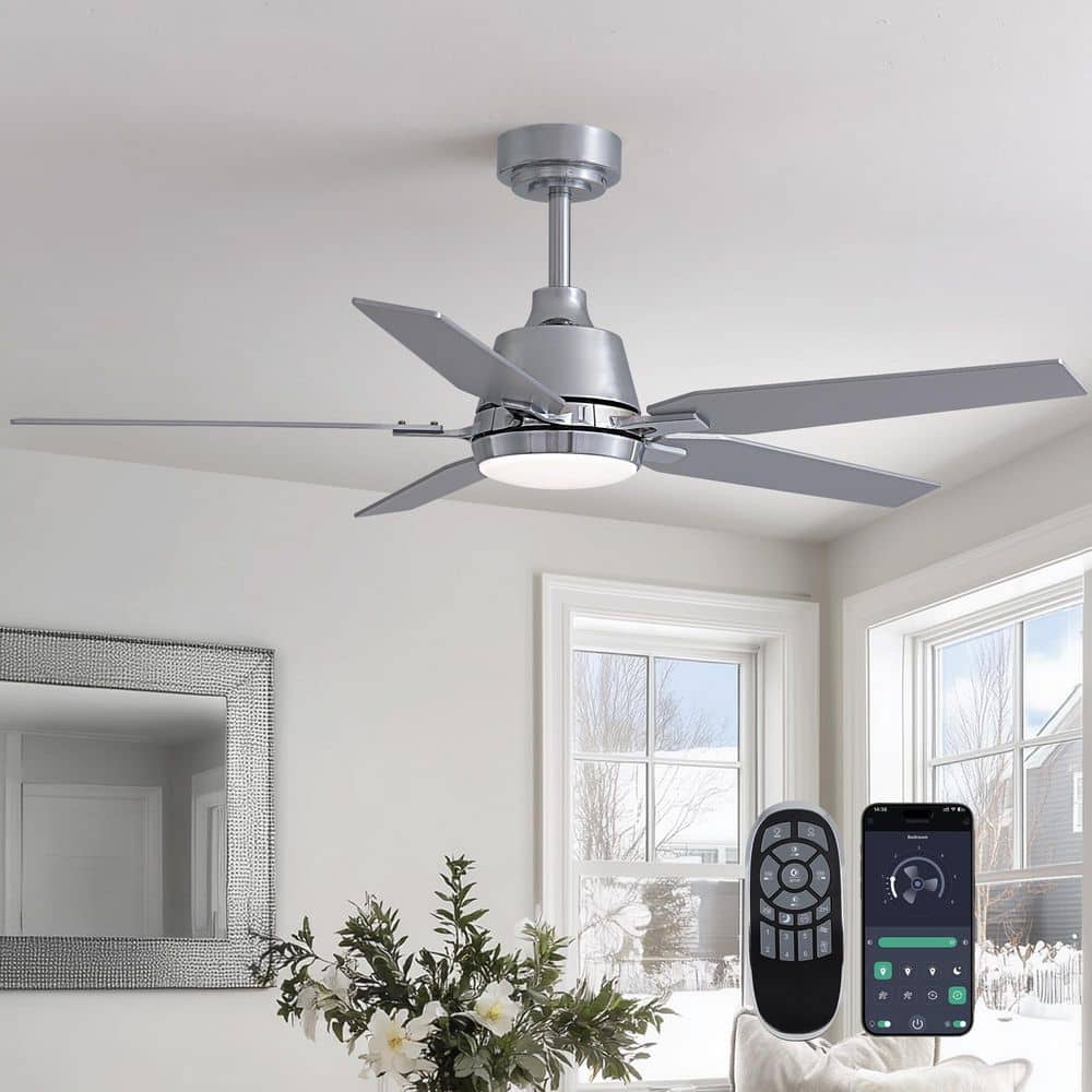ANTOINE 52 in. Modern Smart Indoor Brushed Chrome Low Profile Ceiling Fan with 3-Color Dimmable ...