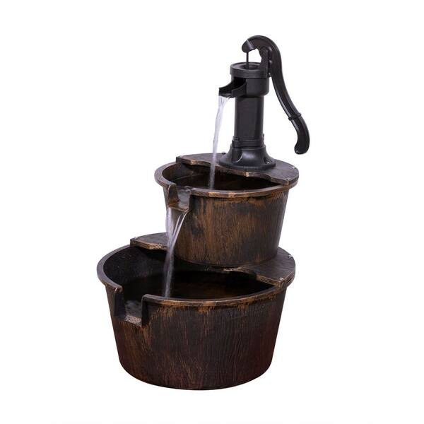 MOEPISY Outdoor Rustic 2-Tiered Barrel and Pump Water Fountain-Bronze ...