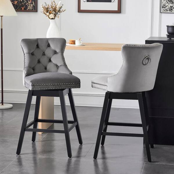 29 in. Grey Velvet Upholstered Solid Wood Frame Bar Height Swivel Bar Stool with Back Set of 2