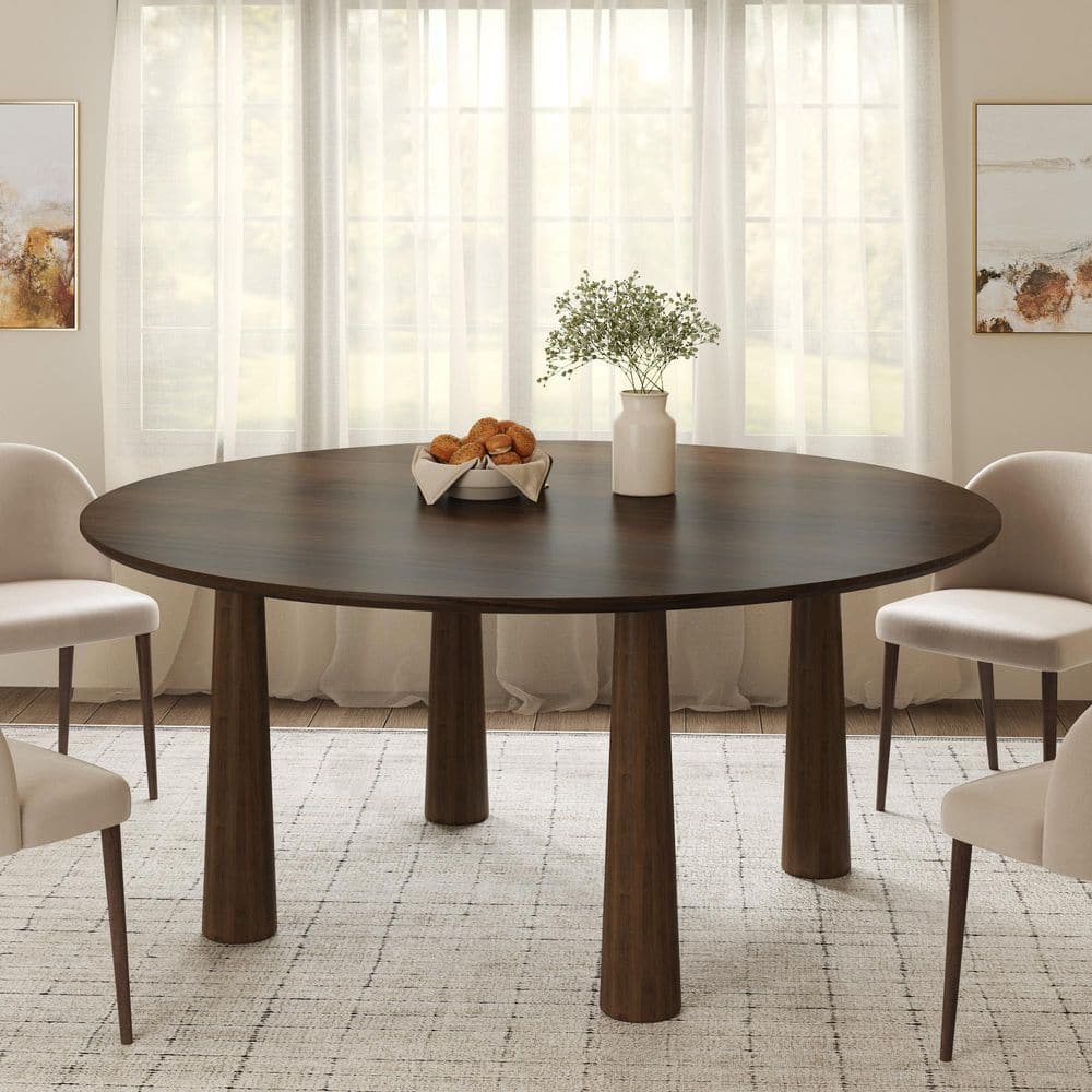 Lirago Round Walnut Solid Wood 59 in. Kitchen Tables 4-Legs Dining ...