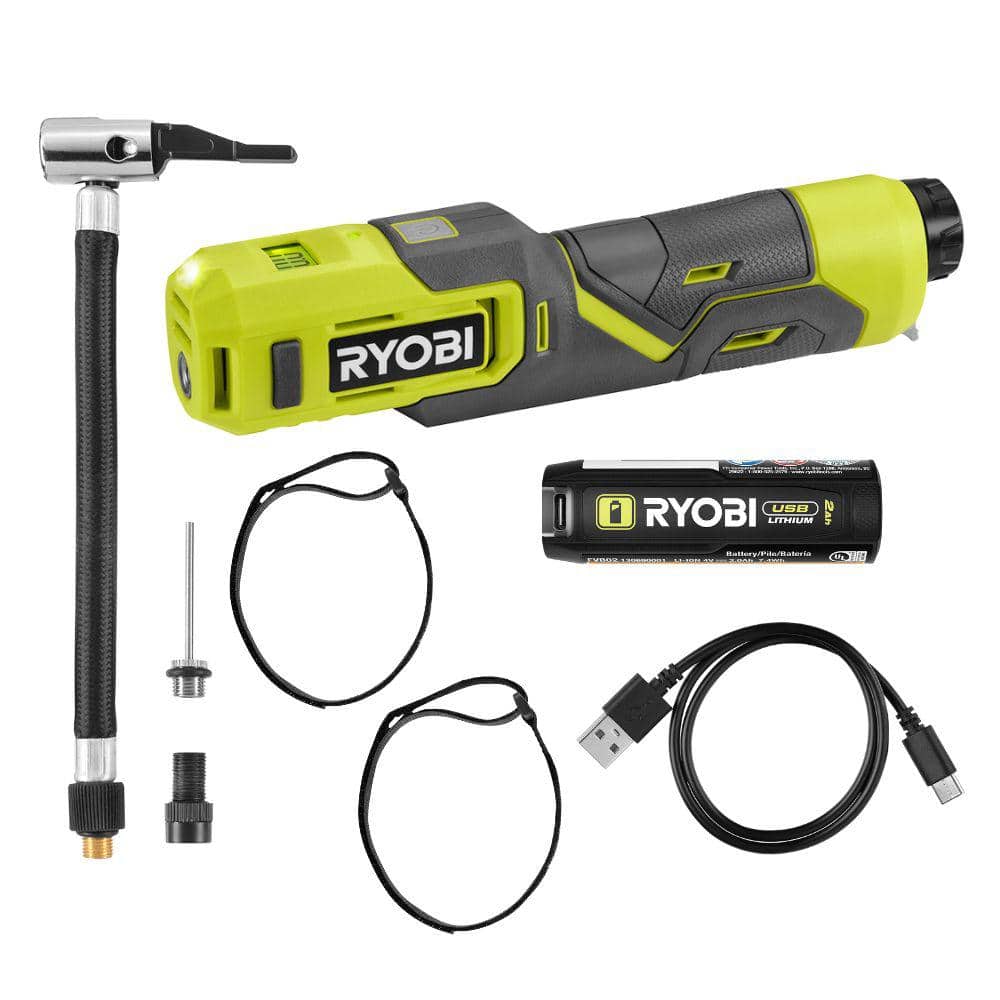 RYOBI USB Lithium Cordless Bike and Ball Pump Inflator Kit with 2.0 Ah ...