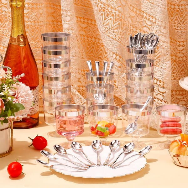 Wudkey 5 fl. oz. Silver Plastic Dessert Cups with Spoon, Round Serving ...