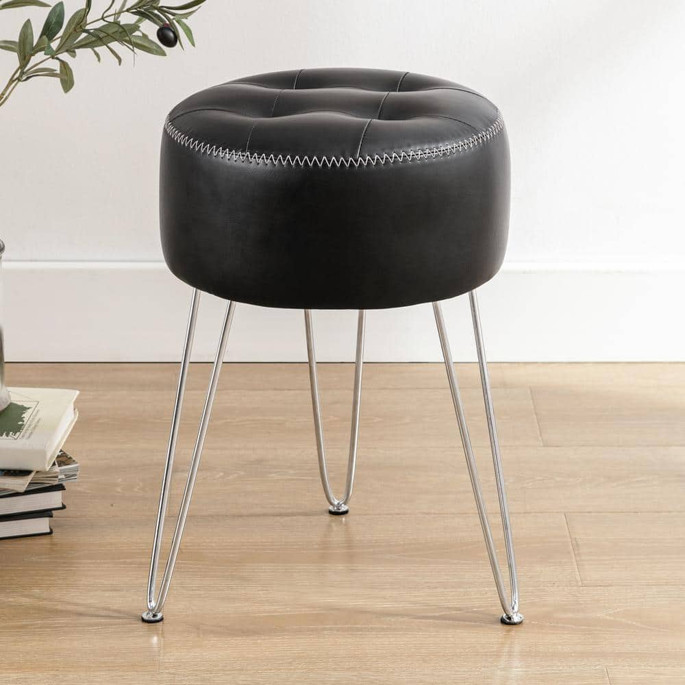 LUE BONA Black Tufted Faux Leather Vanity Stool with Metal Legs for ...