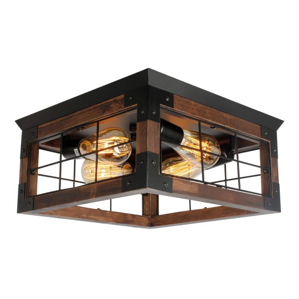 14.9 in. 4-Lights Rustic Wood Square with Strengthen Corner Flush Mount ...