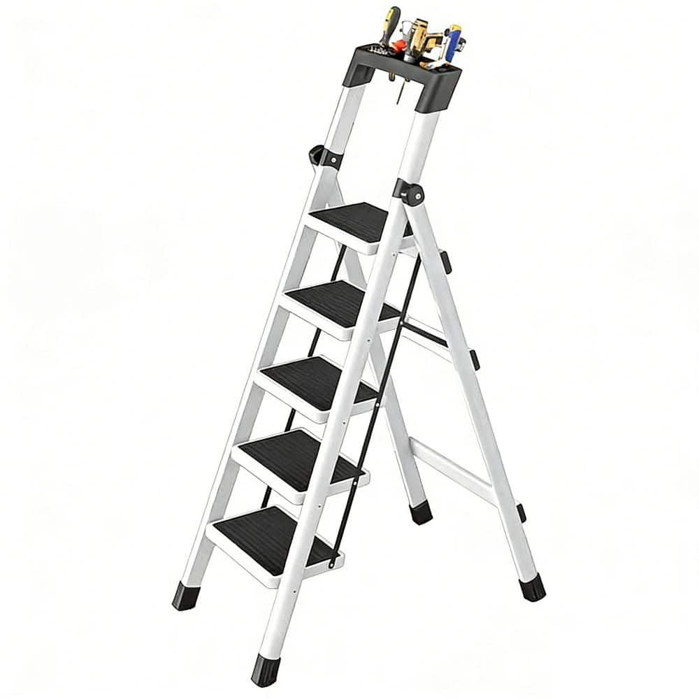 WRIGHTMASTER 5-Step Metal Lightweight Folding Step Ladder (10 ft. Reach ...