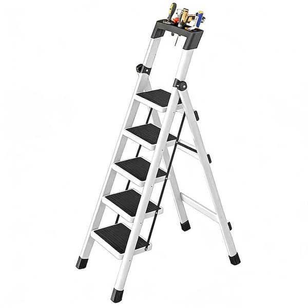 WRIGHTMASTER 5-Step Metal Lightweight Folding Step Ladder (10 ft. Reach ...