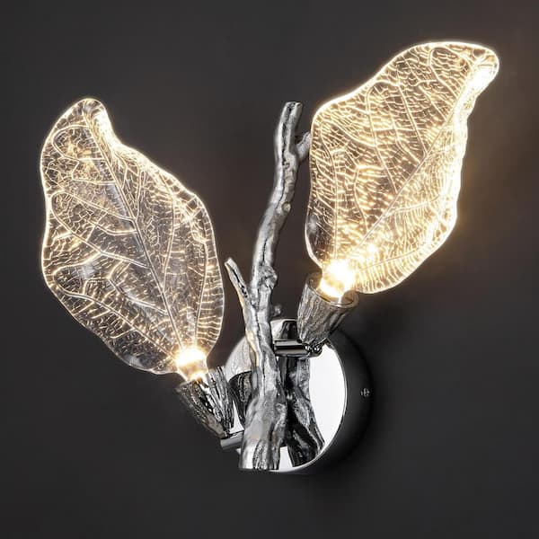 YUYI 2-Light Silver Bionic Leaf Wall Sconce, LED Vanity Lighting ...