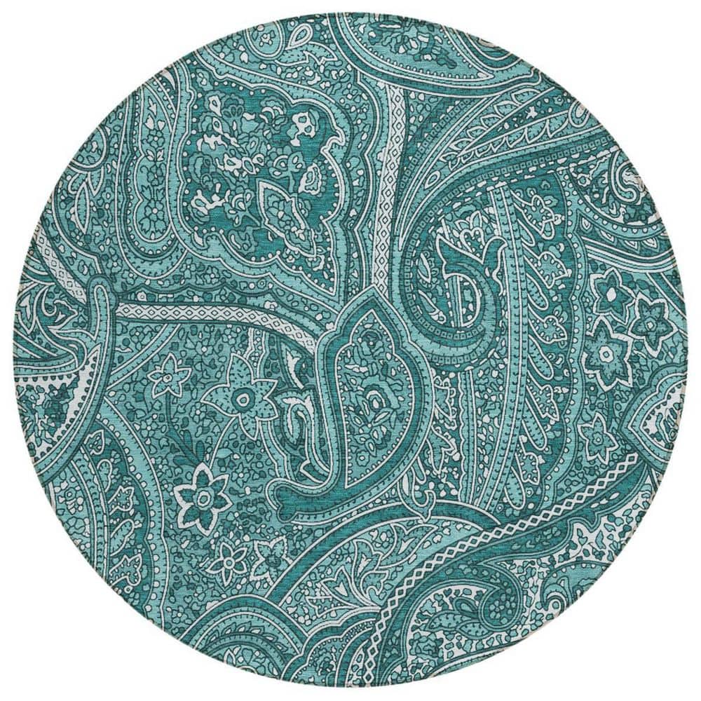 HomeRoots Teal Blue, Aqua, Ivory 8 ft. Round Woven Paisley Polyester ...