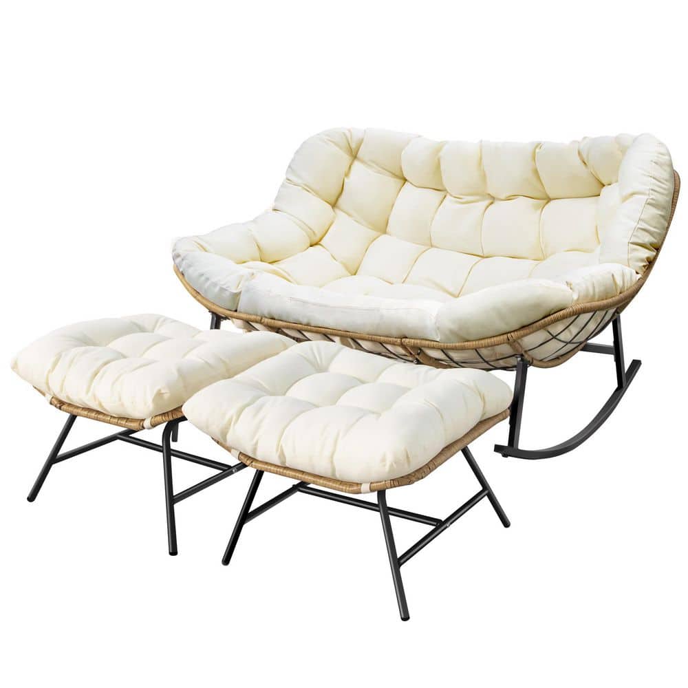 Double Wicker Outdoor Rocking Chair Loveseat Oversized 2-Person Patio ...