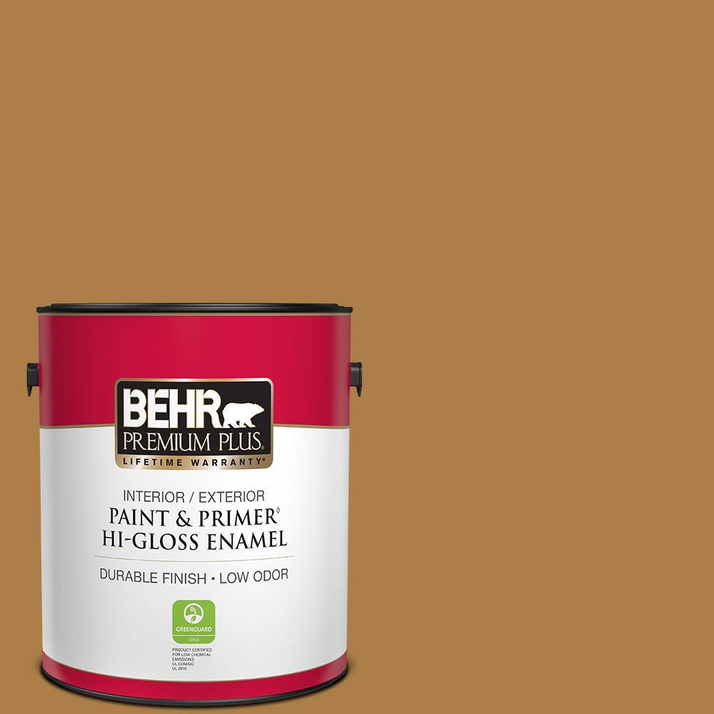 BEHR PREMIUM PLUS 1 gal. #300D-6 Medieval Gold Hi-Gloss Enamel Interior ...