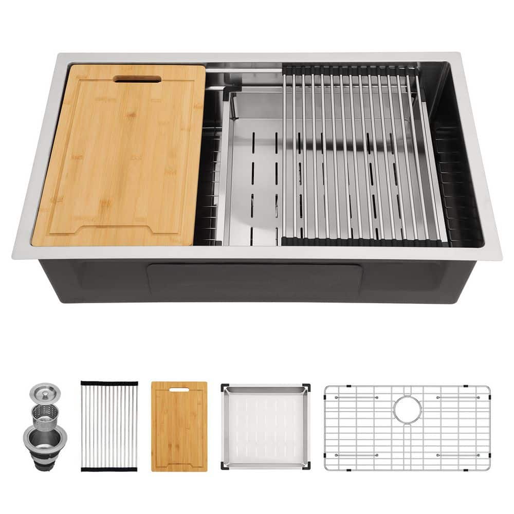 Logmey 33 in. Undermount Workstation Sink Single Bowl 16 Gauge Brushed ...