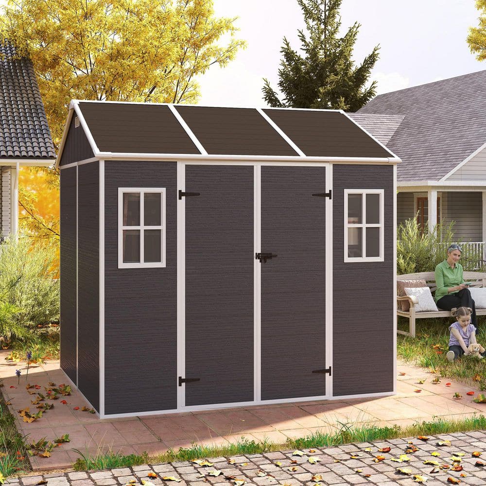 8 ft. W x 7 ft. D Dark Gray Resin Outdoor Storage Shed with 2 -indows ...