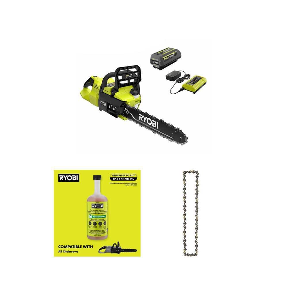 RYOBI 40V HP Brushless 14 in. Chainsaw with 4.0 Ah Battery, 24 oz. Bar ...