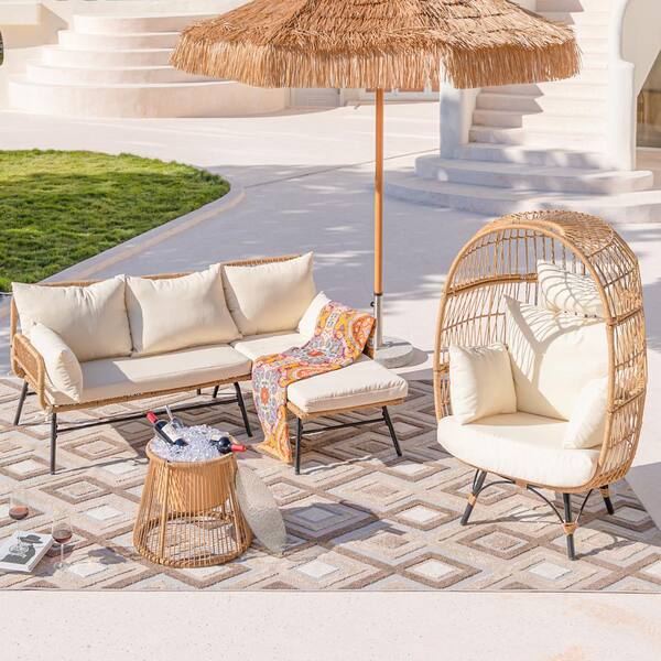 FINCATI 4 Pieces Boho Beige Wicker Patio Conversation Sofa Set with Ice ...