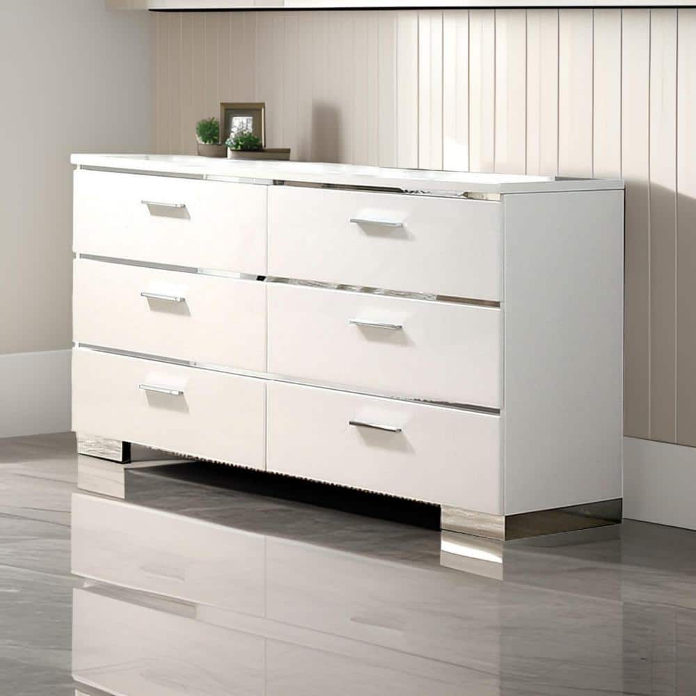 Benjara White and Silver 6-Drawer 63 in. Wide Dresser Without Mirror ...