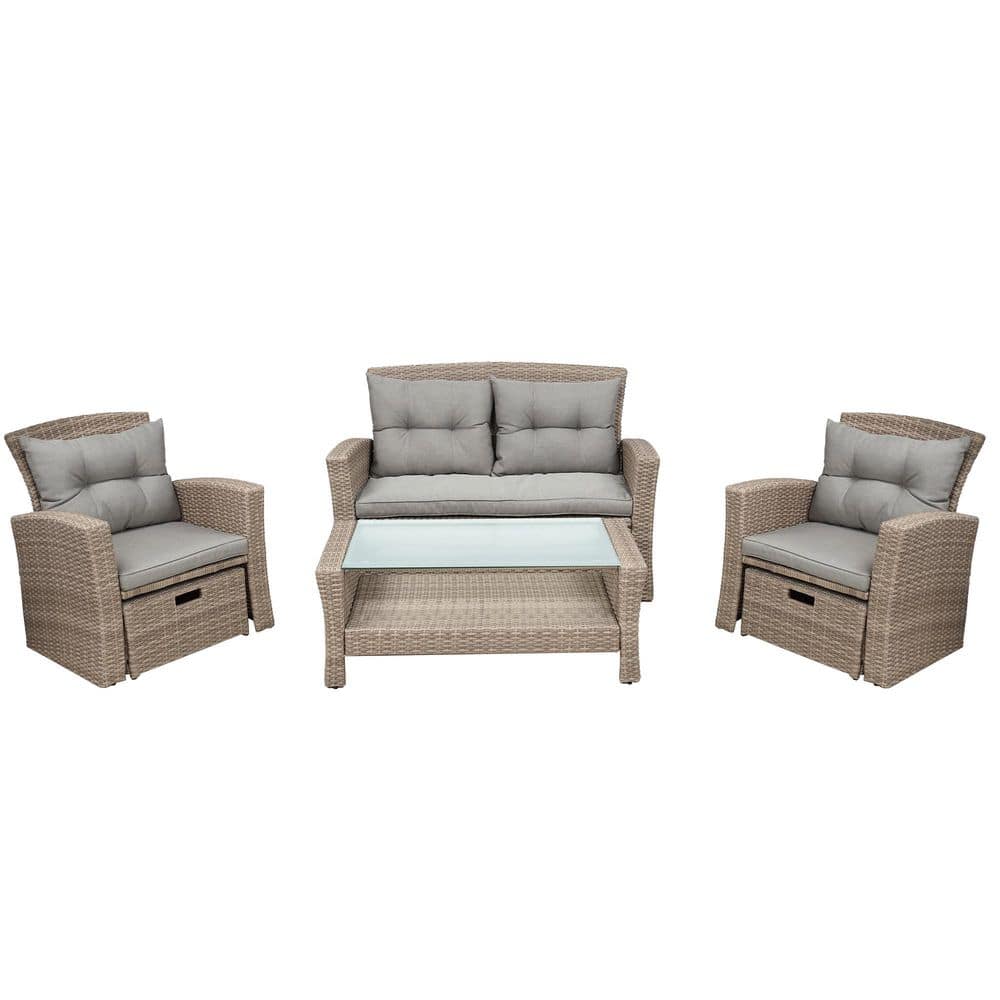 Sudzendf 4-Piece Wicker Patio Conversation Set with Gray Cushions, with ...