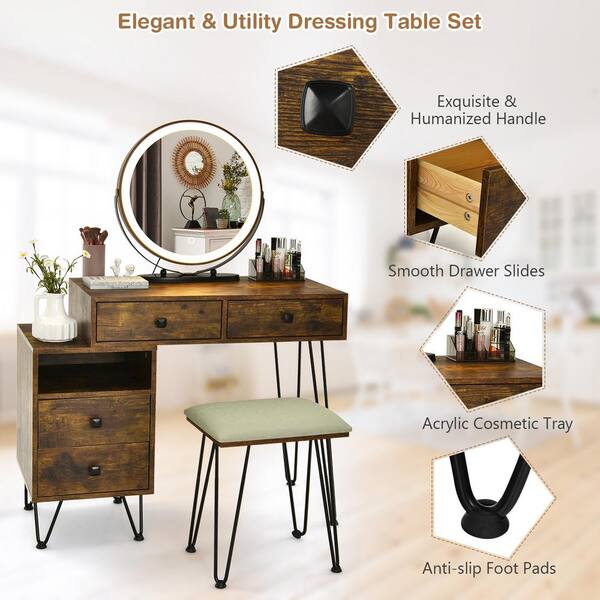Costway Vanity Table Stool Set Dimmer LED Mirror Large Storage Cabinet Drawer Brown