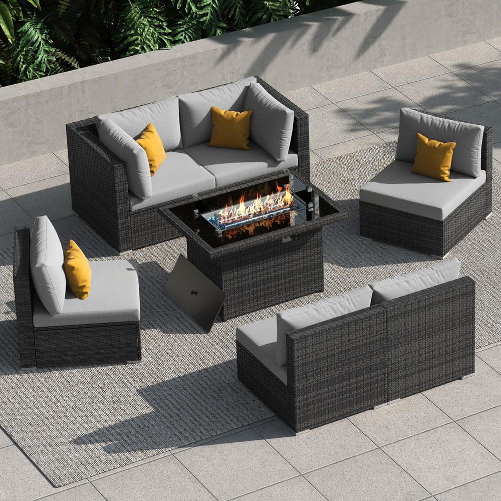 High Back Gray 7-Piece Wicker Patio Conversation Sectional Deep Seating ...