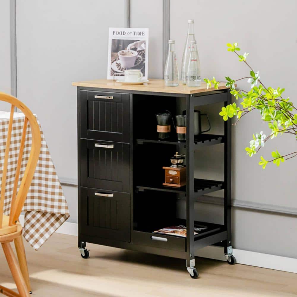 Bunpeony Black Rolling Kitchen Cart with 3-Large Drawers and Wood Table ...