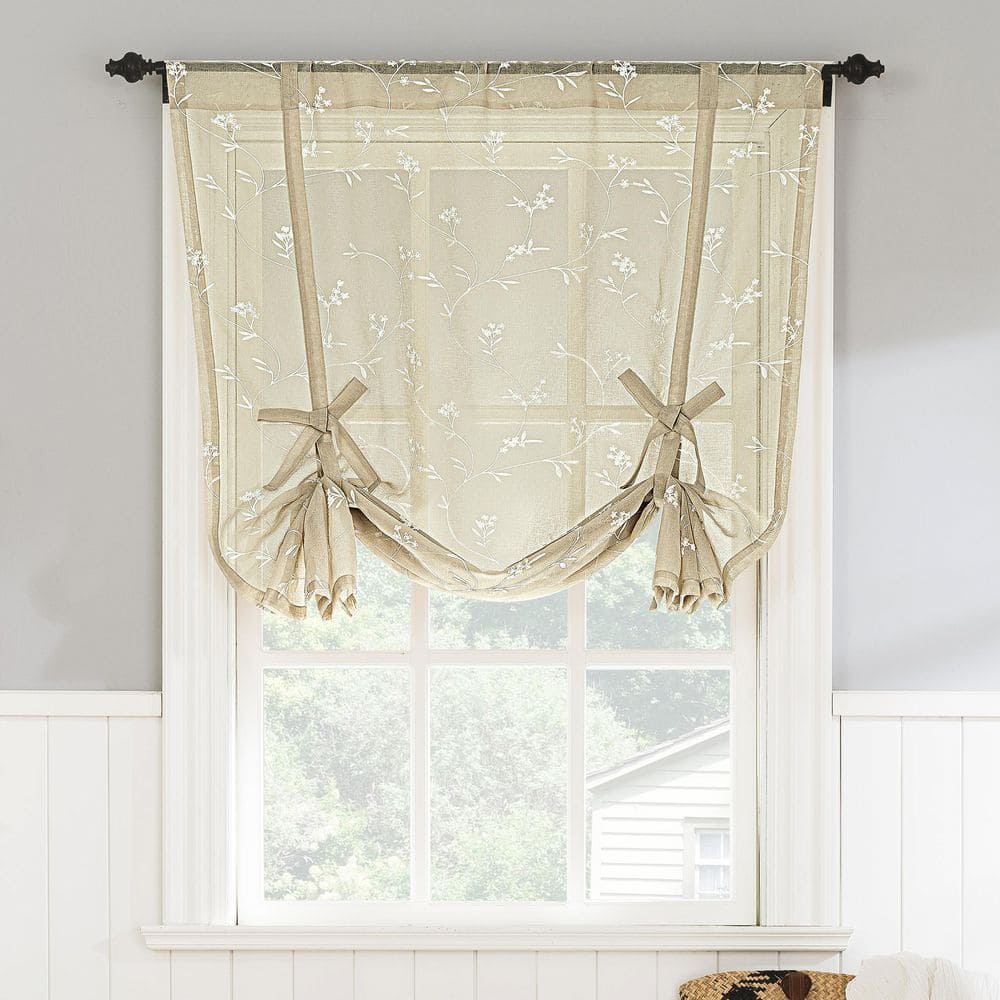 Sun Zero Bridget Rod Pocket Linen Leaf Print Fabric Window Tie-Up Shade ...