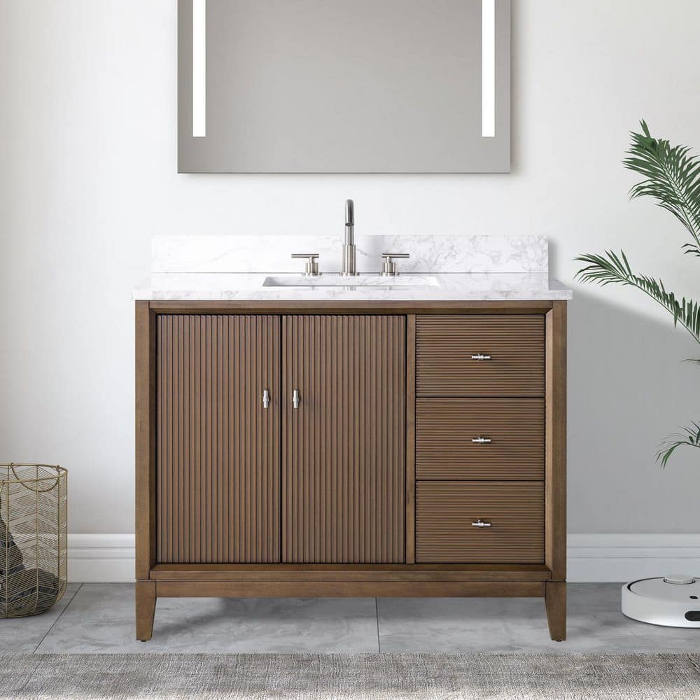 Vanity Art 42 in. W Single Sink Freestanding Walnut Bath Vanity Cabinet with Arabescato White ...