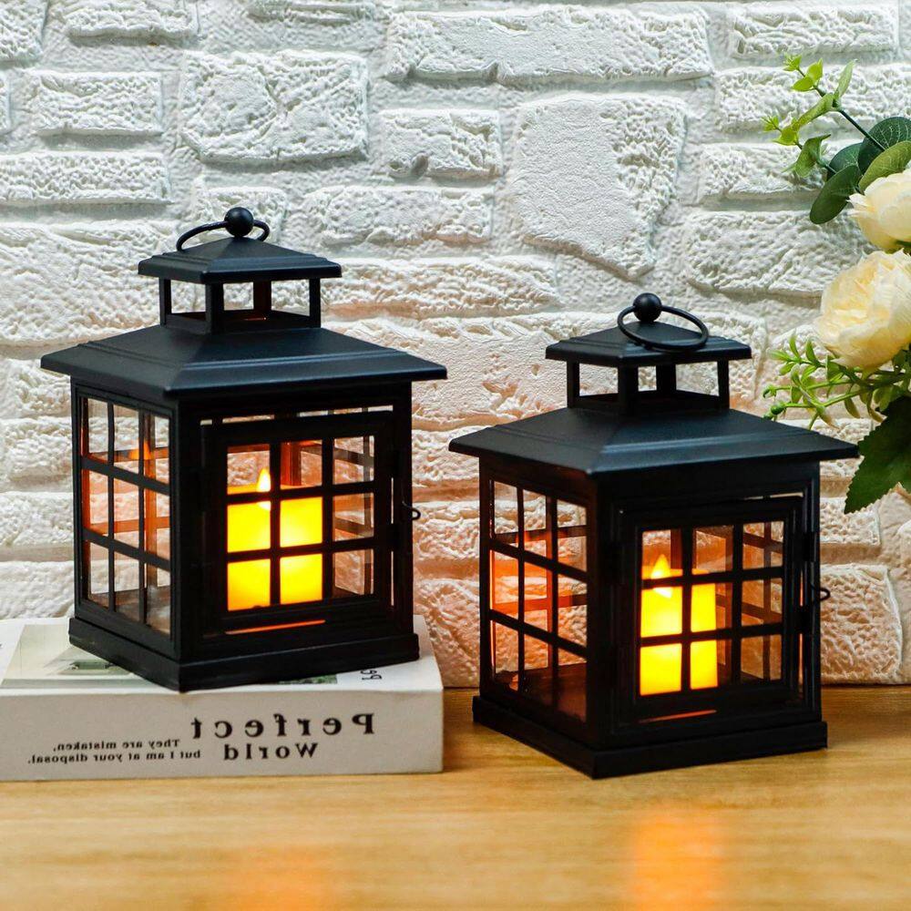 8 in. x 5.5 in. Black Metal Vintage Lantern without Candle (2-Pack ...