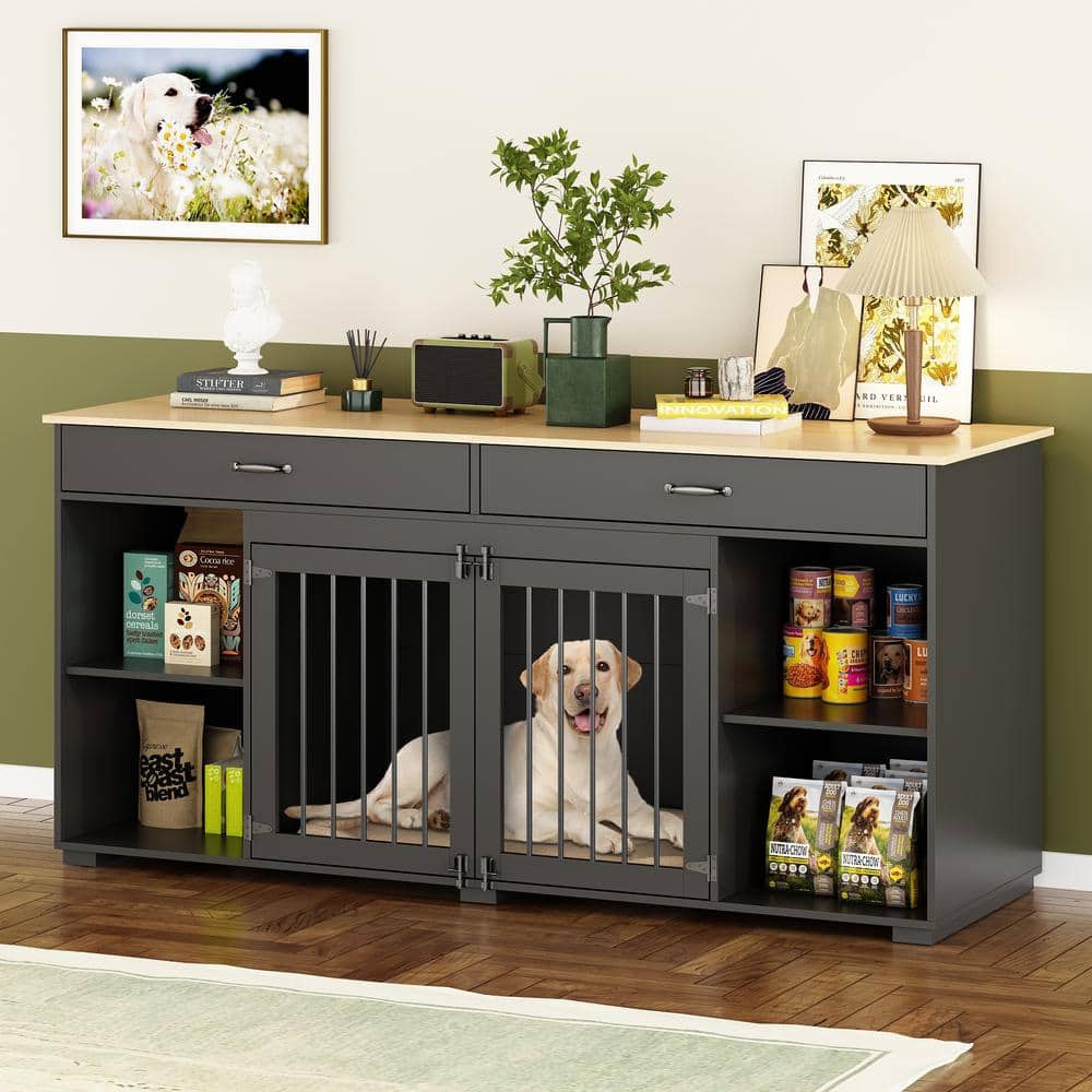 FUFU&GAGA Large Dog Crate Storage Cabinet, Wooden Heavy Duty Dog Pens with 2 Drawers and Storage ...