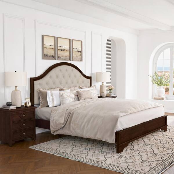 cozyman Antoro Brown Walnut Upholstered Wood Frame King Size Platform Bed with Button Tufted Headboard Solid Wood Frame Bed ATL DAWA K