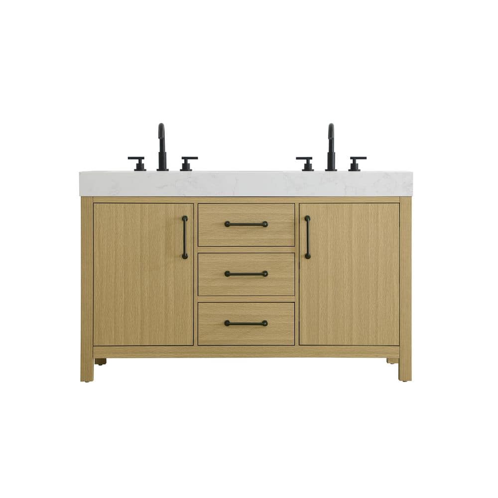 TIMELESS HOME 54 in. Double Sink Honey Brown Bath Vanity with White Engineered Marble Top ...