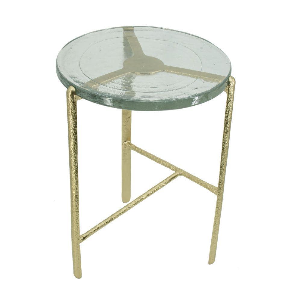 Benjara 15 in. Gold and Clear Round Glass End Table with Aluminum Base ...