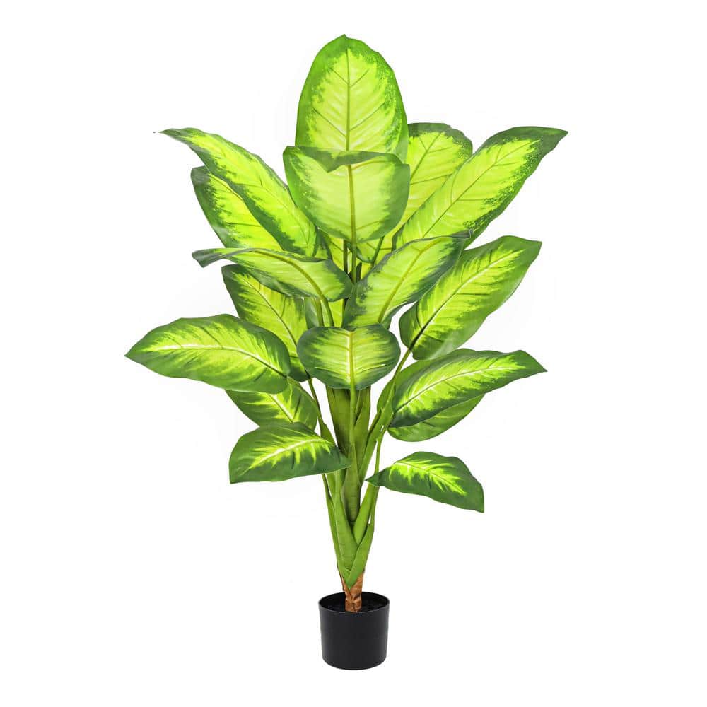 LIVING LUXURY 48 in. Real Touch Green Yellow Artificial Dieffenbachia Tree in Black Pot 60649-GR ...
