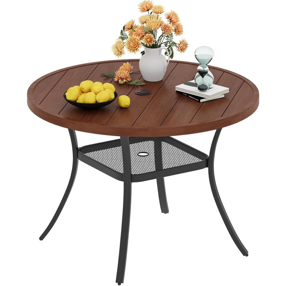Walnut 42 in. Round All-Weather Metal Outdoor Dining Table for 4 with ...