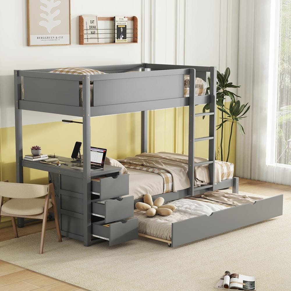 Polibi Gray Twin-Over-Twin Bunk Bed with Twin Size Trundle, Storage and Desk RS-33985-E - The ...