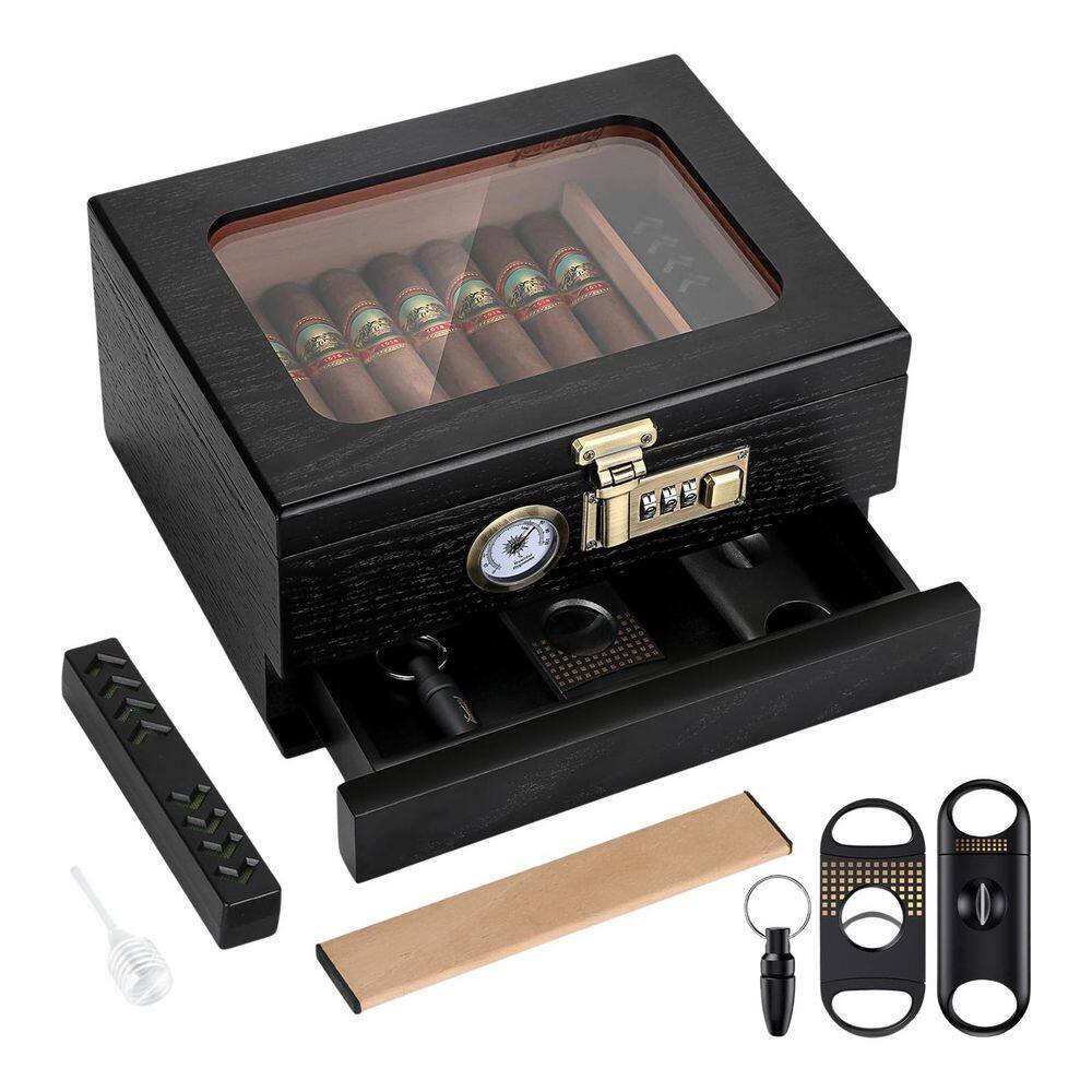 10.31in. W x 5.9in. H Black Cedar Wood Cigar Humidor with Glass Top ...