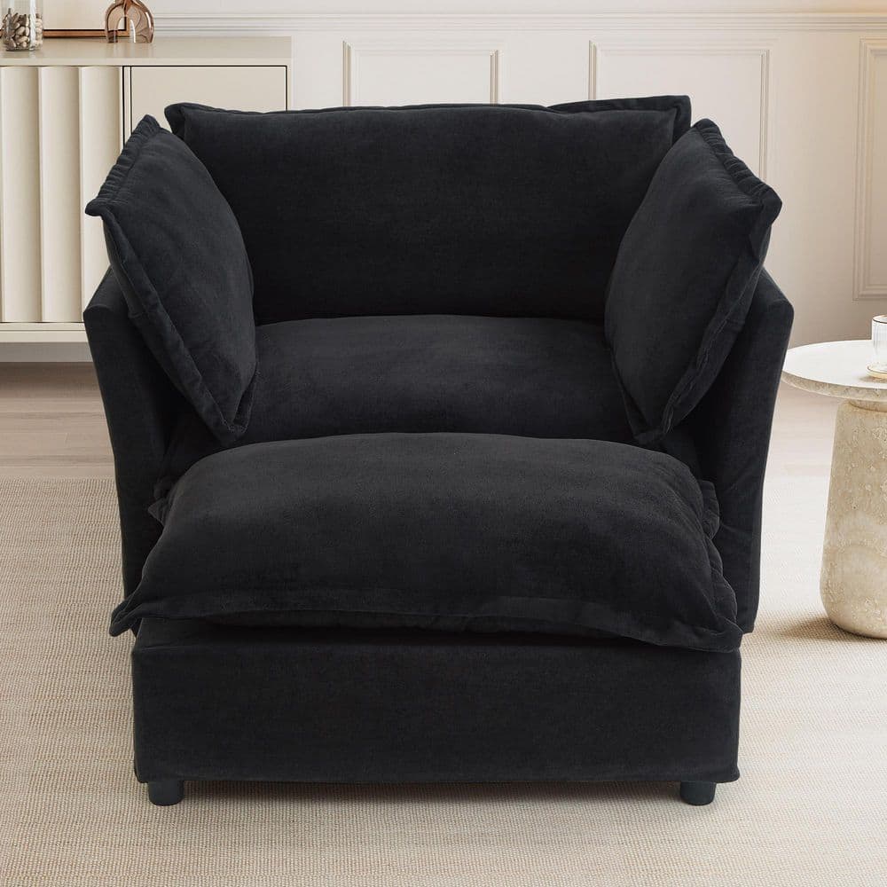 Polibi Black Chenille Arm Chair with Movable Ottoman, Wide Seat, Curved ...