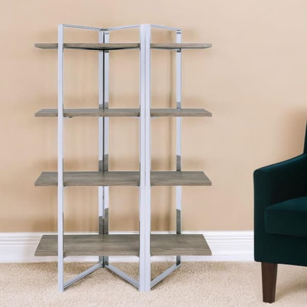 HomeRoots 72 in. Tall Brown, Silver Metal 4 Shelf Standard Bookcase ...