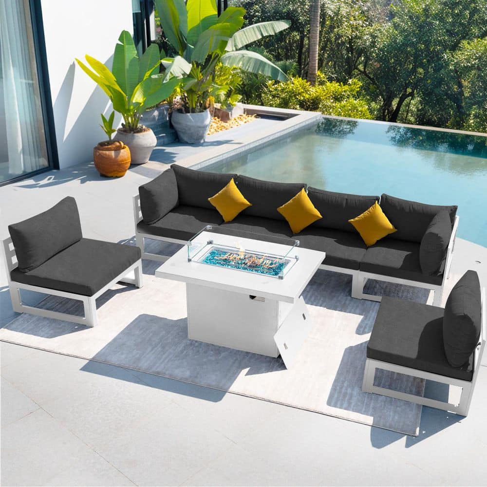7-Piece White Aluminum Outdoor Conversation Set Deep Seating Patio Furniture with Fire Pit Table ...