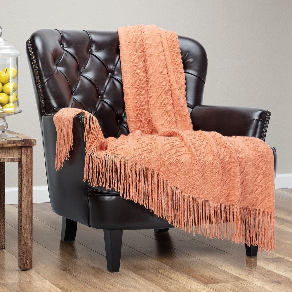 CHANASYA Textured Coral Bevel Knit Acrylic Throw Blanket with Tassels ...
