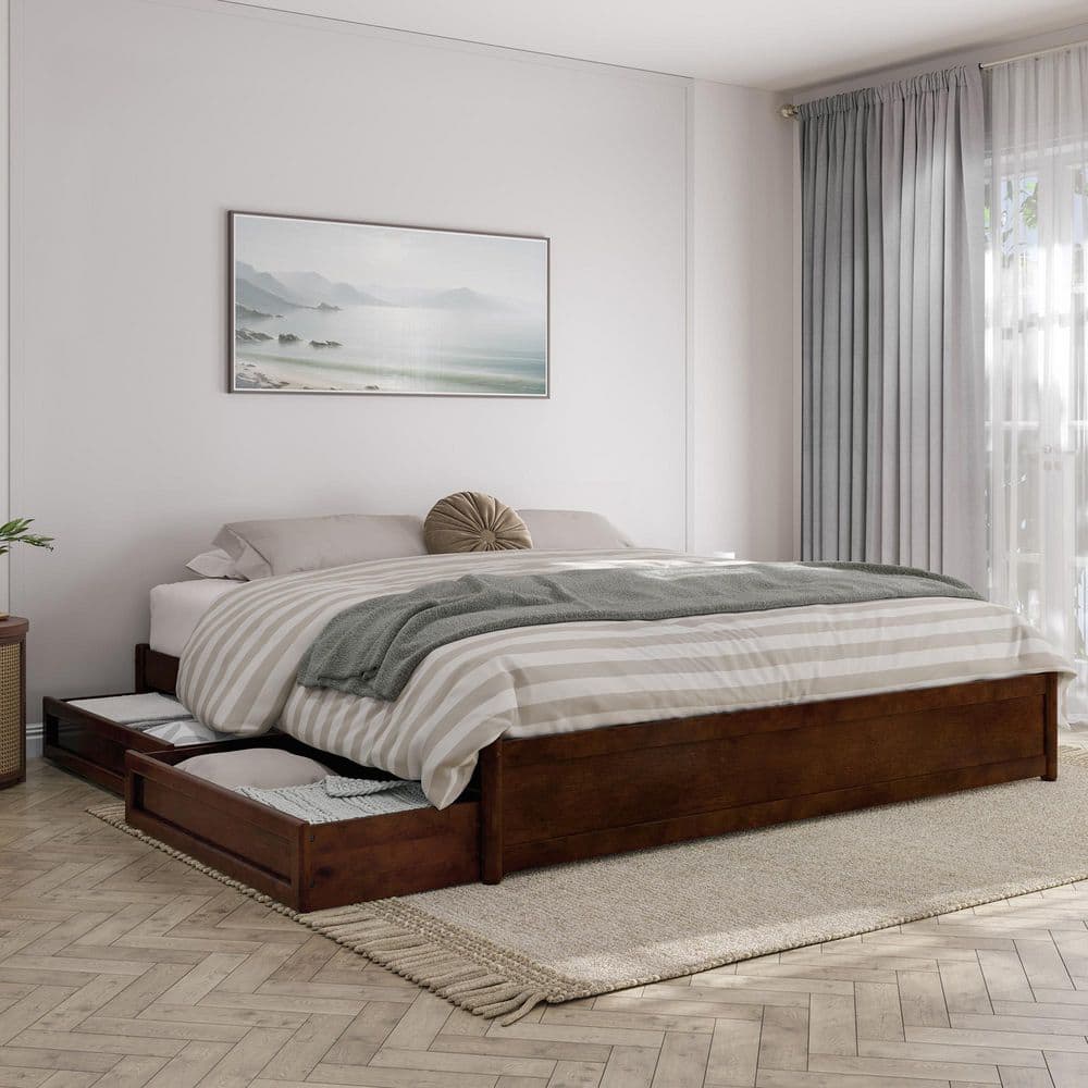AFI Barcelona Walnut Brown Solid Wood Frame King Panel Platform Bed ...