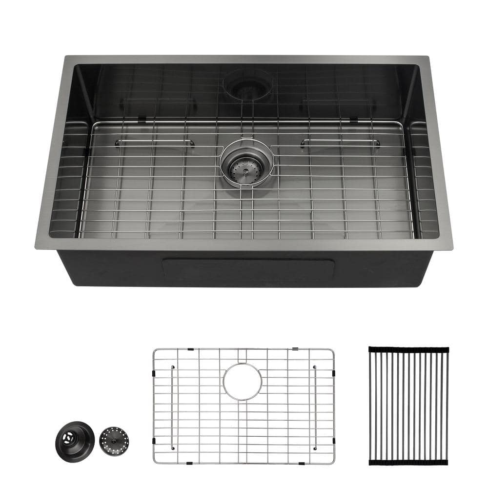 Logmey 32 in. Undermount Sink Single Bowl 16 Gauge Gunmetal Black ...