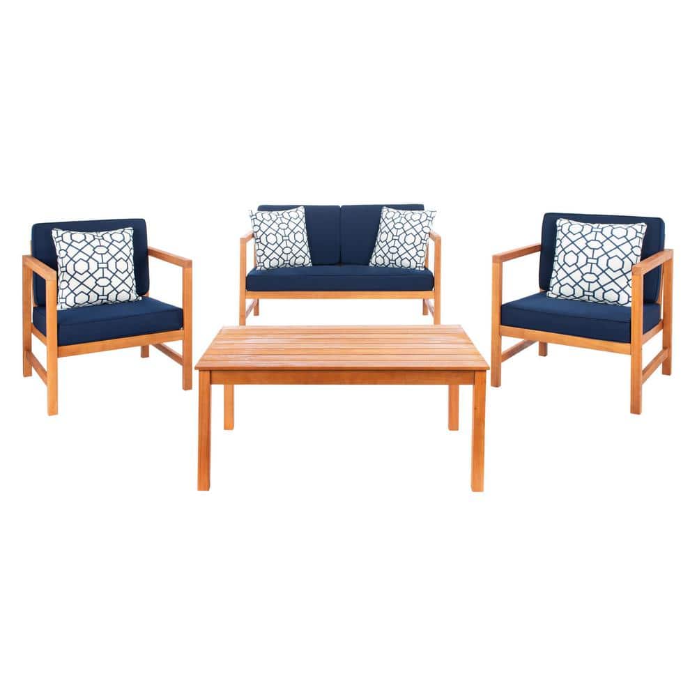 Safavieh Montez 4 PC Outdoor Set with Accent Pillows Natural Navy