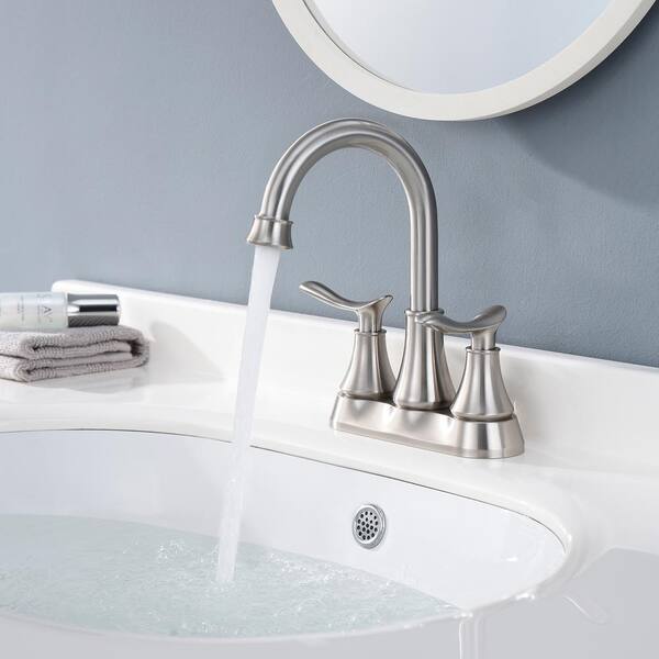 Staykiwi 4 in. Centerset Double Handle Mid Arc Bathroom Faucet with Drain Kit Included in ...