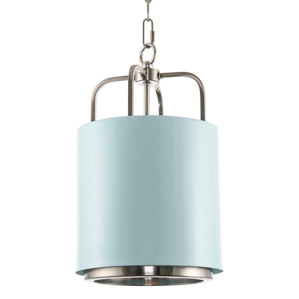 Kira Home Flynn 60-Watt 1-Light Brushed Nickel Modern Chic Pendant Light with Arctic Blue Shade ...