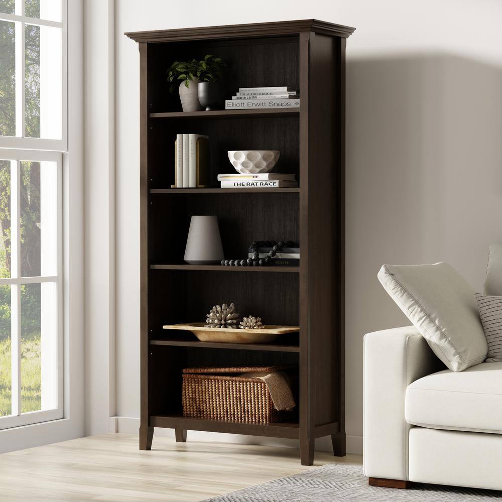 Simpli Home Amherst 70 in. H Hickory Brown Solid Wood 5-Shelf 36 in. 5 ...